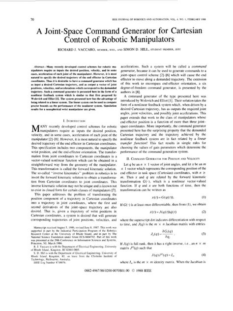 A Joint Space Command Generatorfor Cartesian Control Of Robotic Manipulators Pdf Kinematics