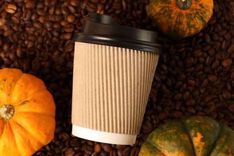 커피 콩과 호박 안에 종이 공예 컵 매운 라떼 또는 커피 컨셉 수평 배너 0명에 대한 스톡 사진 및 기타 이미지 0명 감정 계절 Istock