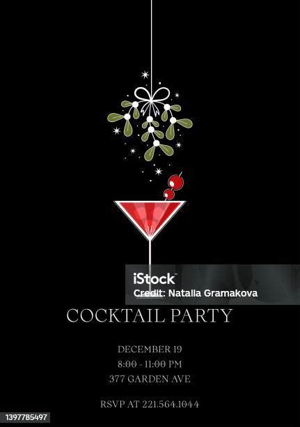 크리스마스 칵테일 파티 초대장 휴일 카드 전단지 겨우살이와 마티니 유리의 무리 크리스마스에 대한 스톡 벡터 아트 및 기타 이미지 크리스마스 초대장 칵테일 Istock