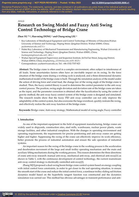 Pdf Research On Swing Model And Fuzzy Anti Swing Control Technology