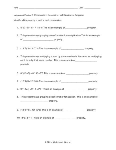 Commutative Associative And Distributive Properties Worksheet For 8th 9th Grade Lesson Planet