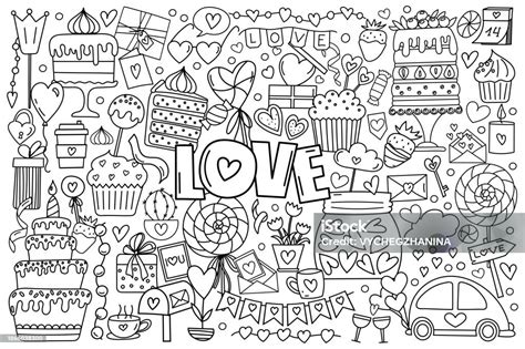 손으로 그린 낙서 벡터 발렌타인 데이 테마 안티 스트레스 색칠 공부 페이지 하트 사탕 과자 2월에 대한 스톡 벡터 아트 및 기타 이미지 Istock