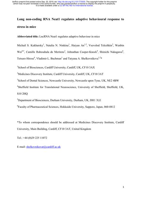 Pdf Long Non Coding Rna Neat1 Regulates Adaptive Behavioural Response To Stress In Mice