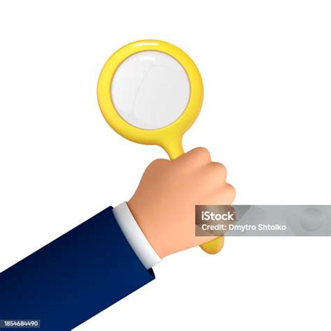 흰색 배경에 돋보기를 들고 있는 3d 만화 손 벡터 3d 일러스트 레이 션 3차원 형태에 대한 스톡 벡터 아트 및 기타 이미지 3차원 형태 가공의 인물 개념 Istock