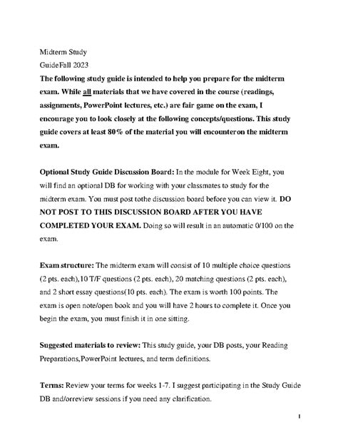 2023 Midterm Study Guide Midterm Study Guide Fall 2023 The Following Study Guide Is Intended