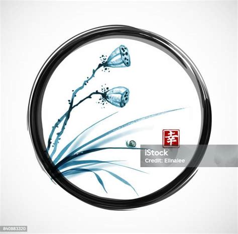 로터스 꽃의 파란 씨 머리 검은 Enso 선 자리에서 작은 달팽이와 잔디의 나뭇잎 전통적인 동양 잉크 그림 Sumie U죄가 화