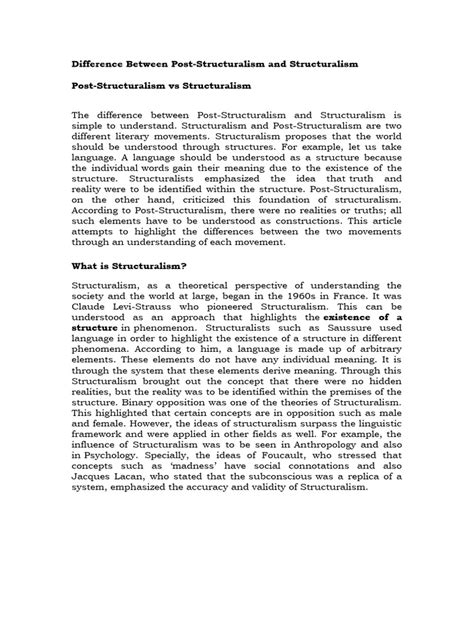 Difference Between Structuralism And Post Structuralism 1 Pdf Western Philosophy Epistemology