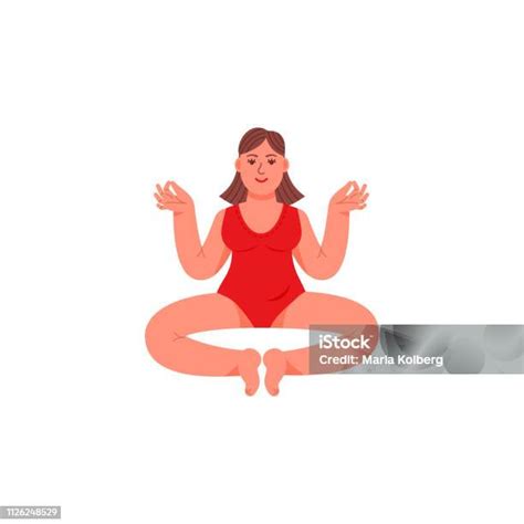 더하기 크기 여자 로터스 위치에 앉는 다 플러스 크기 여자는 명상 자세에서 앉는 다 벡터 만화 스타일의 일러스트입니다 과체중에 대한 스톡 벡터 아트 및 기타 이미지 Istock