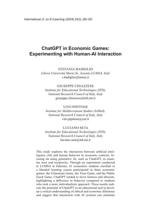 Pdf Chatgpt In Economic Games Experimenting With Human Ai Interaction