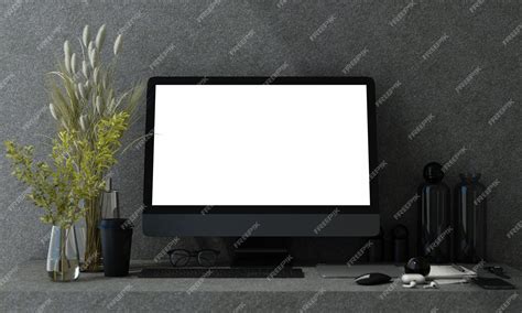 프리젠테이션 커피 컵 편지지 식물과 컴퓨터 테이블에 서 있는 고양이 전면 보기 작업 공간 3d 렌더링을 위한 모형 노트북 흰색