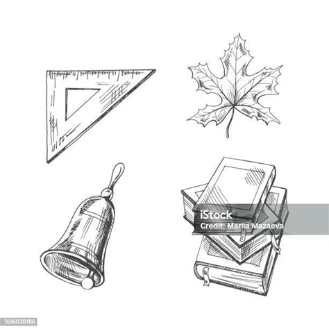 벡터 손으로 그린 학교 일러스트레이션 세트입니다 상세한 복고풍 스타일의 학교 종 책 삼각형 자 및 단풍잎 스케치 빈티지 스케치 요소 학교로 돌아 가기 가을에 대한 스톡 벡터