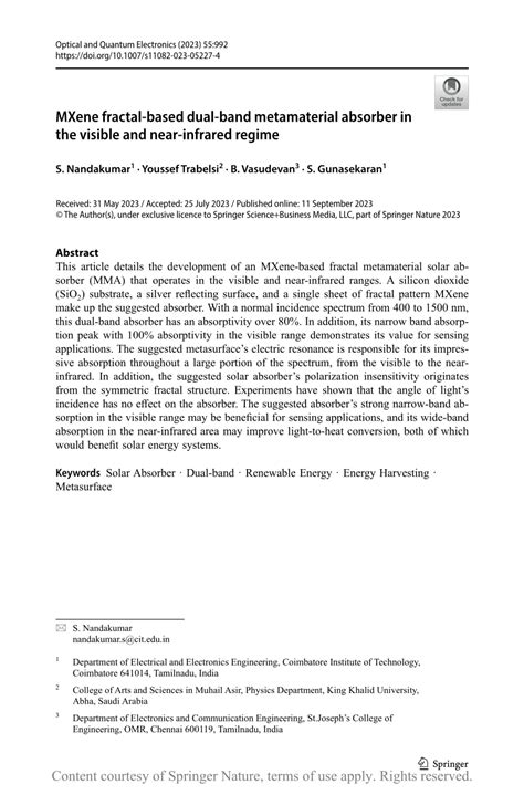 Mxene Fractal Based Dual Band Metamaterial Absorber In The Visible And Near Infrared Regime