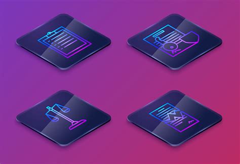 체크리스트 정의의 척도 방패와 찢어진 계약키가 있는 문서와 함께 아이소메트릭 라인 클립보드를 설정합니다 파란색 정사각형 버튼