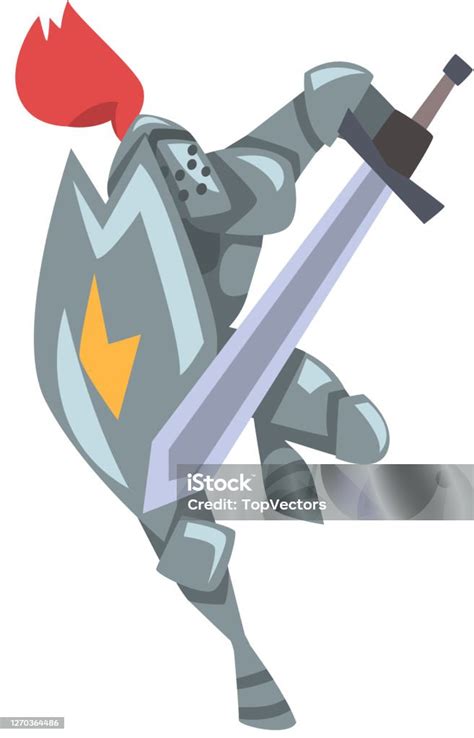 중세 기사 방패와 칼 만화 스타일 벡터 일러스트와 함께 실행 전체 금속 몸 갑옷에 기병 전사 캐릭터 강철에 대한 스톡 벡터 아트 및 기타 이미지 Istock