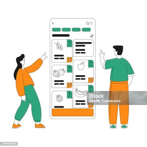 남자와 여자 캐릭터 사용 음식 배달 앱 주문하다 벡터 일러스트 더하기 기호에 대한 스톡 벡터 아트 및 기타 이미지 더하기