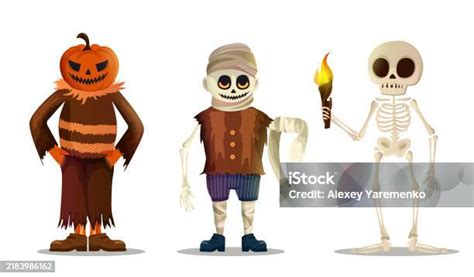 할로윈 캐릭터 세트입니다 횃불 좀비 및 잭 O Latern과 해골 공포와 공포의 국제 휴일 괴물과 악마 플랫 벡터 컬렉션 0명에 대한 스톡 벡터 아트 및 기타 이미지
