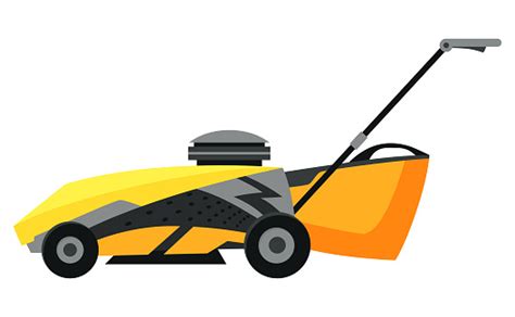 녹색 잔디 깎는 기계 정원을위한 잔디 전기 또는 가솔린 모어 작업 도구를 트리밍 가지 치기 및 절단 흰색 배경에 격리 된 플랫 만화 아이콘 Rotary