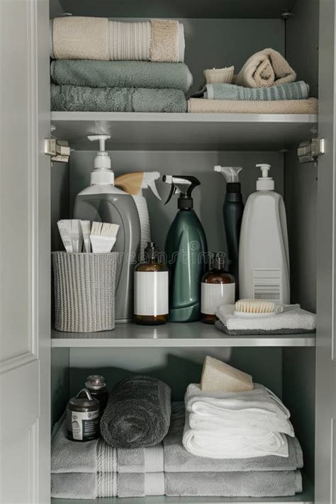 Neatly Organized Cleaning Products On A Shelf Spring Cleaning Concept Stock Photo Image Of