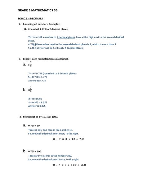 Mathematics Grade 5 Notes Pdf Numbers Decimal