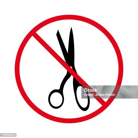 금지 된 한 쌍의 핸들 금속 가위 픽토그램 금지 가위 이발사 도구 블랙 실루엣 아이콘 전단 빨간색 정지 기호 허용되지 않는 가위