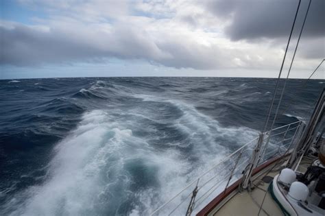 Premium AI Image Sailing Boat Dashing Across The Open Ocean With Waves Rolling Created With