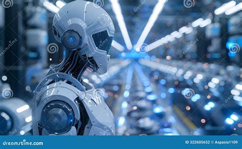 3d Rendering Humanoid Robot Working With A Laptop On Dark Blue Background Stock Image