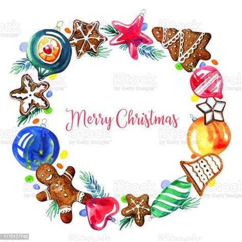 전나무 가지 진저 브레드 쿠키 및 크리스마스 장난감이있는 둥근 프레임 템플릿 손으로 그린 스케치 수채화 일러스트 12월에 대한 스톡 벡터 아트 및 기타 이미지 Istock