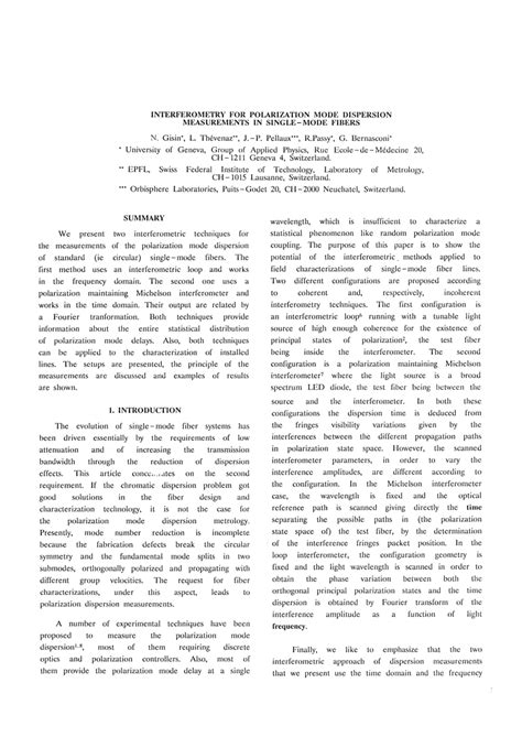 Pdf Interferometry For Polarization Mode Dispersion Measurements In Single Fibres