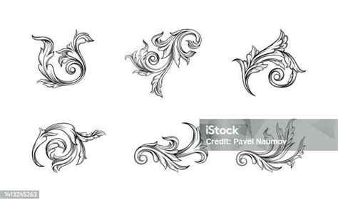 장식용 흑백 컬 잎 세트 꽃 장식 디자인 벡터 일러스트 레이 션 금선세공에 대한 스톡 벡터 아트 및 기타 이미지 금선세공 꽃 식물 국경 Istock