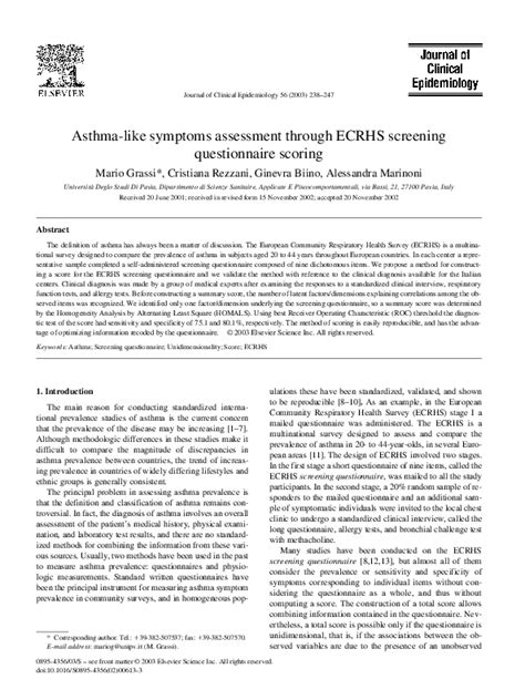 Pdf Asthma Like Symptoms Assessment Through Ecrhs Screening Questionnaire Scoring