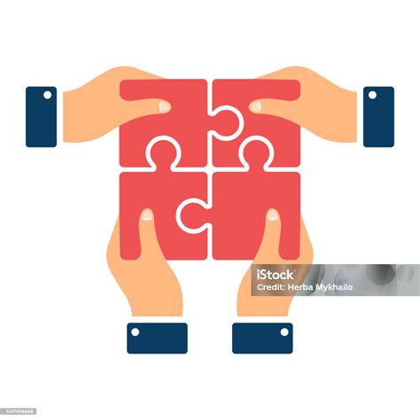 퍼즐 조각을 넣는 네 손 퍼즐을 함께 조인하는 평면 벡터 그림 솔루션 문제에 대한 개념입니다 개념에 대한 스톡 벡터 아트 및 기타 이미지 Istock