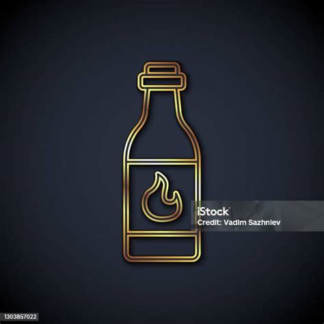 블랙 백으로 고립된 골드 라인 타바스코 소스 아이콘 칠리 카이엔 매운 후추 소스 벡터 건강한 식생활에 대한 스톡 벡터 아트 및 기타 이미지 건강한 식생활 드레싱 식품