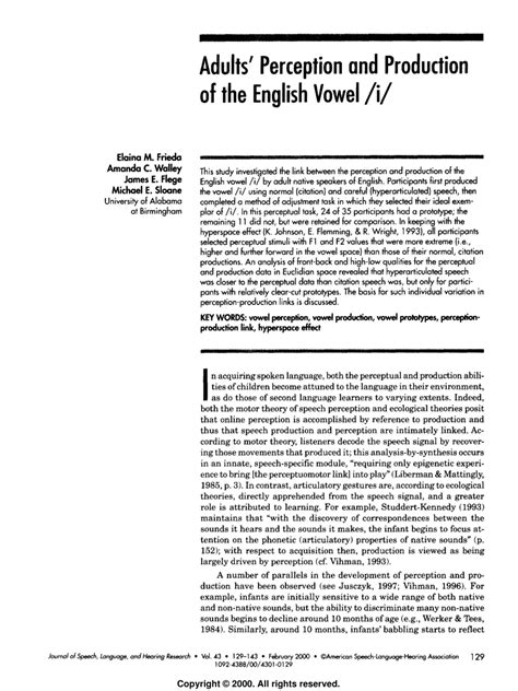 Pdf Adults Perception And Production Of The English Vowel I