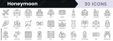 Set Of Outline Honeymoon Icons Minimalist Thin Linear Web Icon Set Vector Illustration Stock