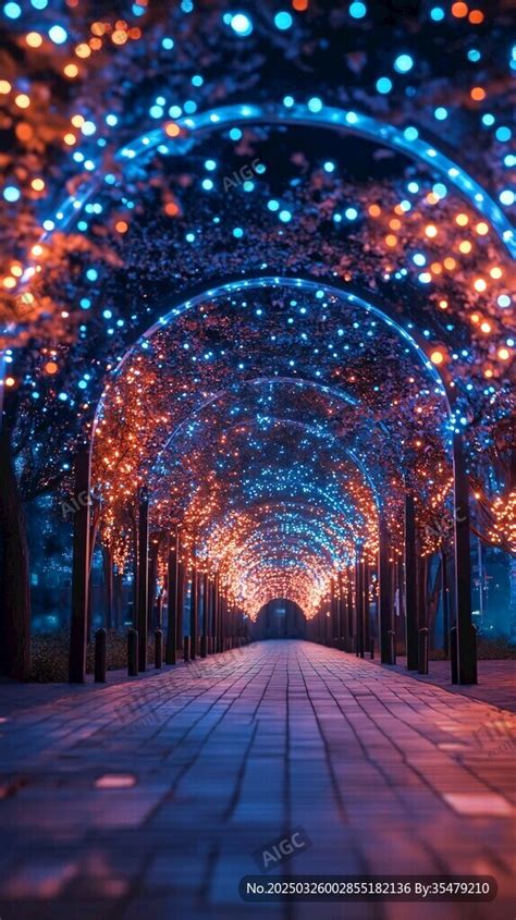Ai创作图彩灯 长廊 夜景 灯光 拱门 道路 光影 装饰 梦幻 夜晚 氛围 植物 闪烁 浪漫 绚丽 昵图网