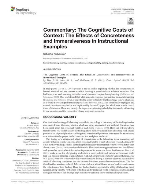 Pdf Commentary The Cognitive Costs Of Context The Effects Of Concreteness And Immersiveness