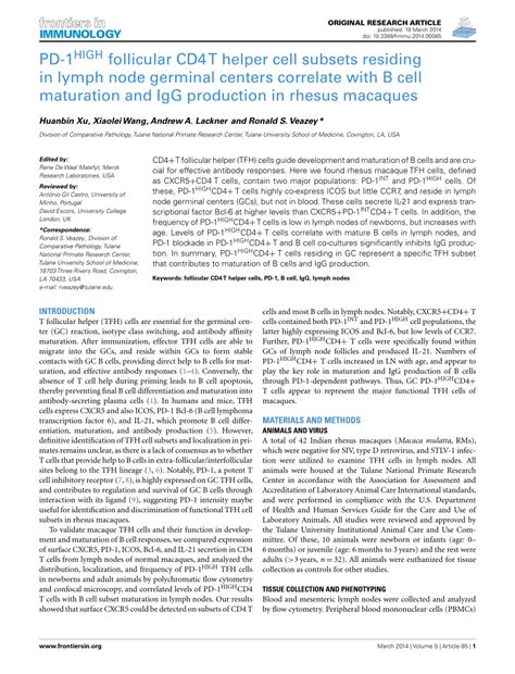 Pdf Pd 1 Follicular Cd4 T Helper Cell Subsets Residing In Lymph Node