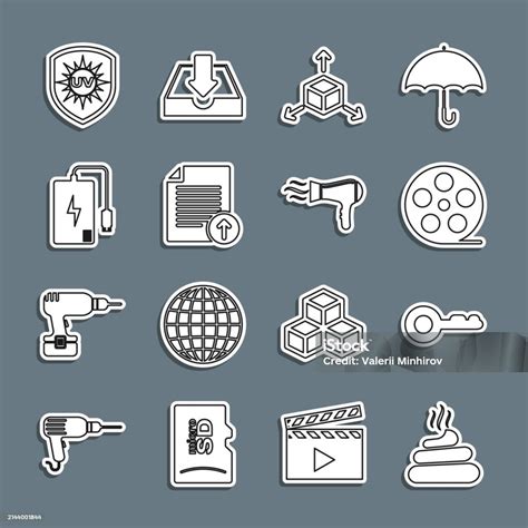 라인 똥 키 필름 릴 아이소 메트릭 큐브 업로드 파일 보조 배터리 자외선 차단 및 헤어 드라이어 아이콘을 설정합니다 벡터 3차원 형태에 대한 스톡 벡터 아트 및 기타 이미지