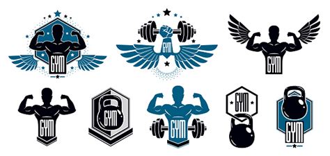 체육관 피트니스 스포츠 엠블럼과 로고 벡터 세트 바벨 아령 케틀벨과 근육 바디 맨 실루엣과 손 운동 운동 스포츠 클럽 활동적인 라이프 스타일로 고립 Championship에