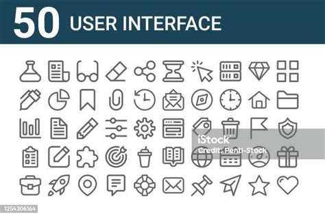 50개의 사용자 인터페이스 아이콘 집합입니다 사랑 서류 가방 클립 보드 통계 펜 뉴스 레터 웹 브라우저와 같은 얇은 라인 아이콘 개요 0명에 대한 스톡 벡터 아트 및 기타