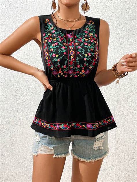 Shein Lune Floral Embroidery Peplum Blouse Shein Usa