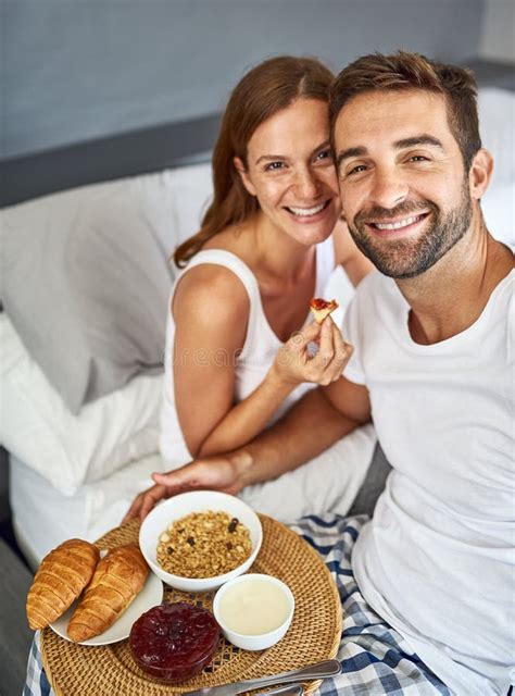 Couple Selfie And Happy In Bed For Breakfast At Hotel With Room