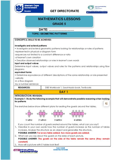 Lesson Plan Gr 5 Mathematics Term 2 Week 7 Geometric Patterns Grade 5 Draft Get Directorate