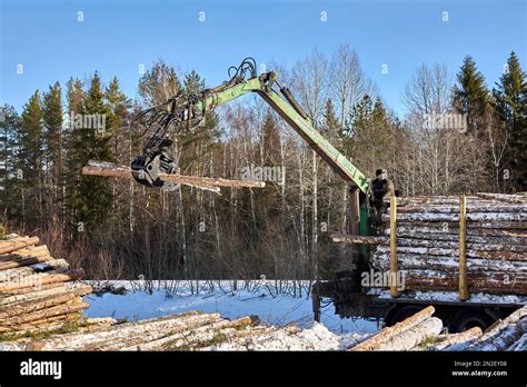 Self Loading Timber Truck With Hydraulic Gripper At Rear Loads Logs From Logging Company Onto