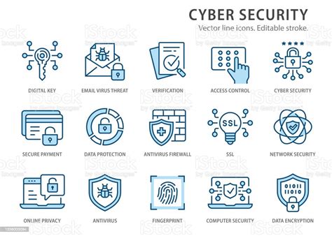 사이버 보안 라인 아이콘 설정입니다 벡터 그림입니다 편집 가능한 스트로크 보안에 대한 스톡 벡터 아트 및 기타 이미지 보안 데이터 암호화 Istock