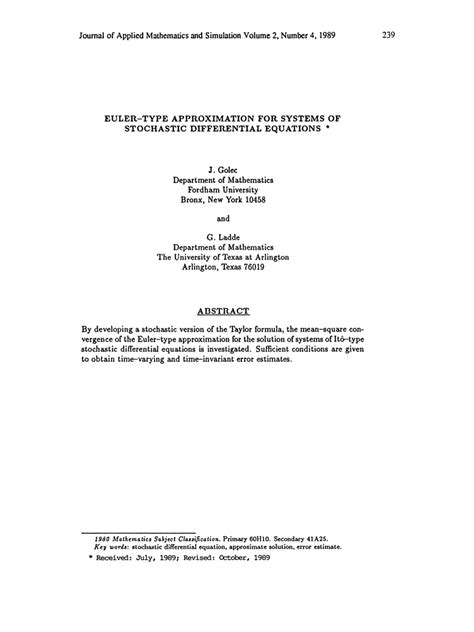 Pdf Euler Type Approximation For Systems Of Stochastic Differential