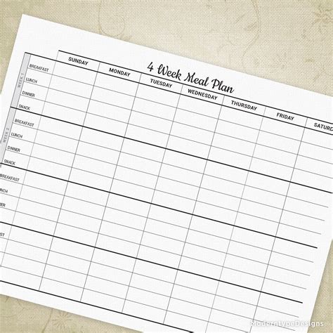4 Week Meal Plan Printable
