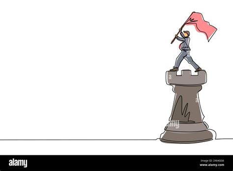 Single Continuous Line Drawing Businessman Standing On Top Of Big Rook Chess And Waving A Flag