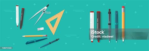 펜 연필 마커 격리 벡터 세트 그래픽 플랫 일러스트 클립 아트 이미지 교육 통치자 나침반 분배기 연구 물건 또는 데스크탑 테이블 책상 평면도 학교 볼펜 문구 심플 디자인 0