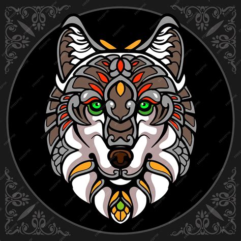 Красочные искусства волка Zentangle изолированы на черном фоне Премиум векторы